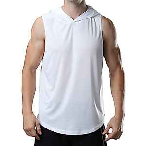 ROGUDUA Men's Hooded Tank Top Quick Dry Muscle Gym Shirts Workout Sleeveless Hoodie White US Size S
