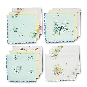 GB Women's 100% Cotton Handkerchiefs Assorted with Wavy Edge and Print Floral 12 Pieces