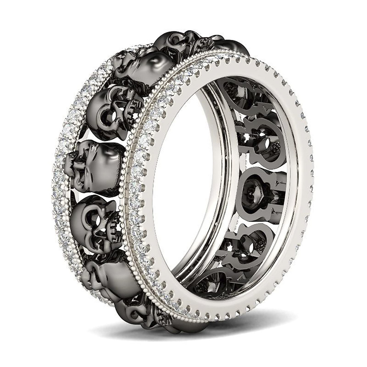 Jeulia Black Skull Rings for Women Mens Sterling Silver Biker Band Style Rings Two Tone Plated Stackable Wedding Bands White Diamond Bridal Set Engagement Anniversary Promise rings for Her (7.5)