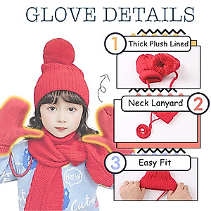 Kids Winter Hat Scarf Mittens Set Toddler Knitted Beanie Girls Fleece Children Neck Warmer Boys Warm Gloves 2-7 Years (Red)