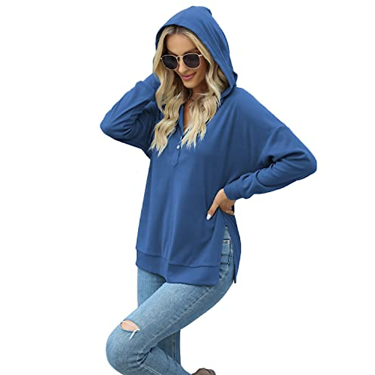 Auremore Womens Hoodies V Neck Long Sleeve Tops Fall Shirts Button Up Fashion Sweaters Blue L
