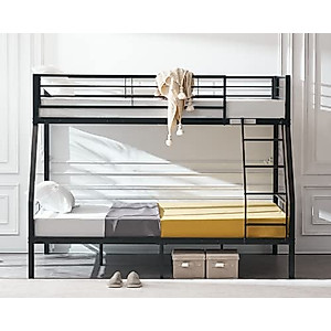VINGLI Metal Bunk Bed Twin Over Full, Flat Steps, Black