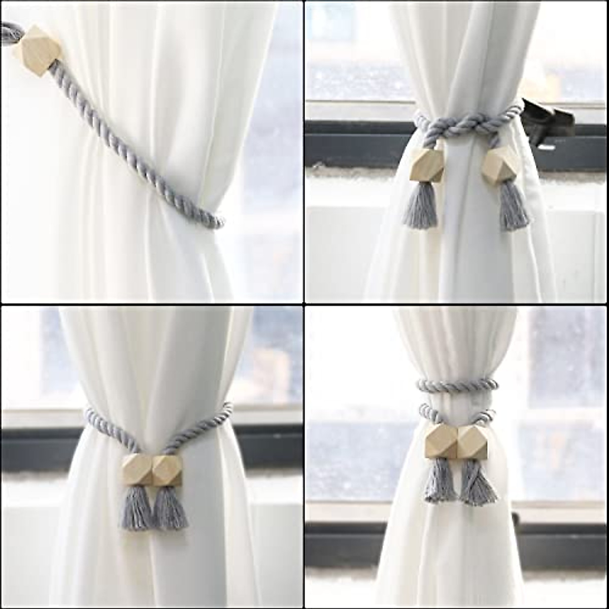 OCIOLI 2 Pack Strong Magnetic Curtain Tiebacks Curtain Holdbacks Outdoor Curtain Tiebacks Cotton Hand Woven Tie Backs Drapery Holdbacks Curtain Ties for Drapes (Grey, 2)