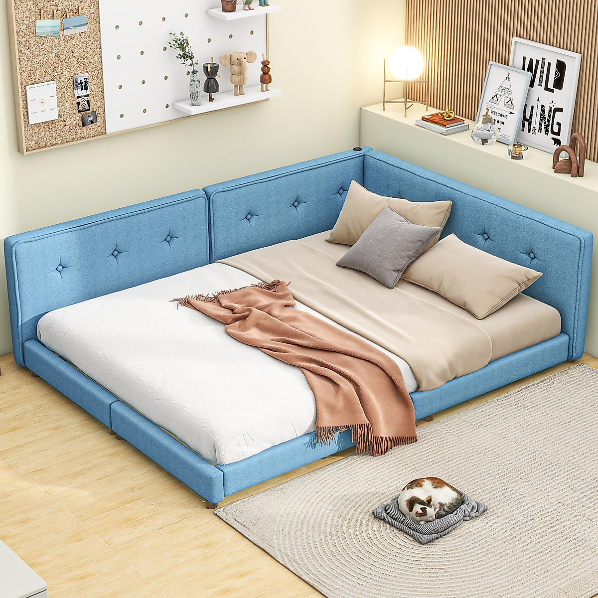 Modern Design Full Size Upholstered Daybed with USB Ports,Wood Fabric Corner Platform Bed Frame with Slat Support,Easy Assembly,No Box Spring Needed