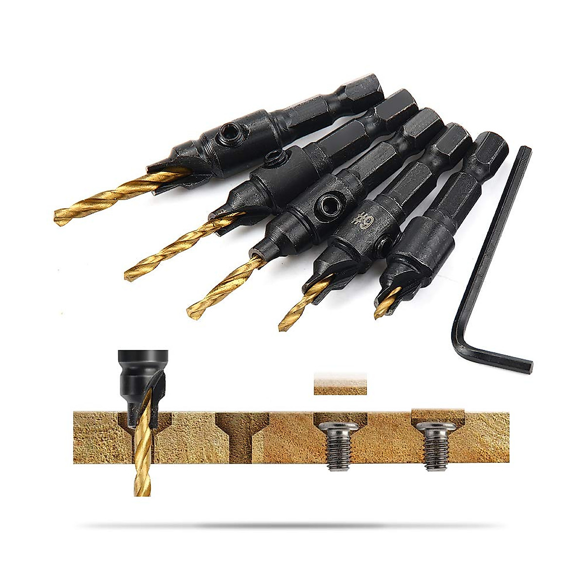 Countersink Drill Bit Set, 1/4 inch Hex Shank Countersink Drill Bit, Power Tools Accessories for Plastic, Metal, Woodworking Tool by Power Drill 5Pcs/Set #5, 6, 8, 10, and #13 (Gold)