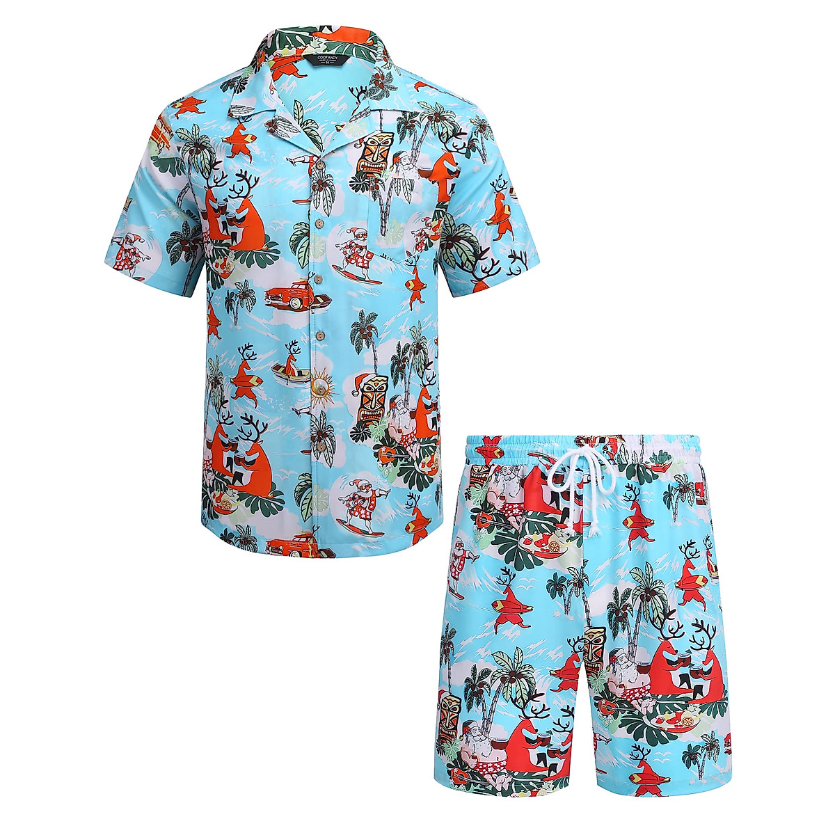 COOFANDY Christmas Sets For Men Short Sleeve Button Down Santa Vacation Shirts 2 Piece Outfits