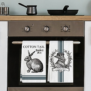 AnyDesign Easter Kitchen Towel Farmhouse Easter Rabbit Bunny Dish Towel Rustic Cotton Tail Rabbit Hand Drying Tea Towel for Spring Cooking Baking Cleaning Wipes, Set of 2, 18 x 28 Inch