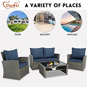 Do4U 4 Pieces Patio Furniture Sets Outdoor Sectional Wicker Set Outdoor Conversation Set Patio Set Patio Loveseats with Coffee Table Porch, Poolside, and Yard (Grey-Blue)