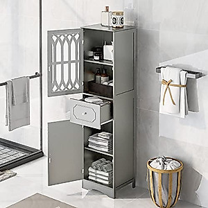 Merax Freestanding Linen Tower Bathroom Storage Cabinet with Adjustable Shelf, Drawer and 2 Doors, Tall Slim, 16.5" L x 14.2''W x 63.8''H, Grey