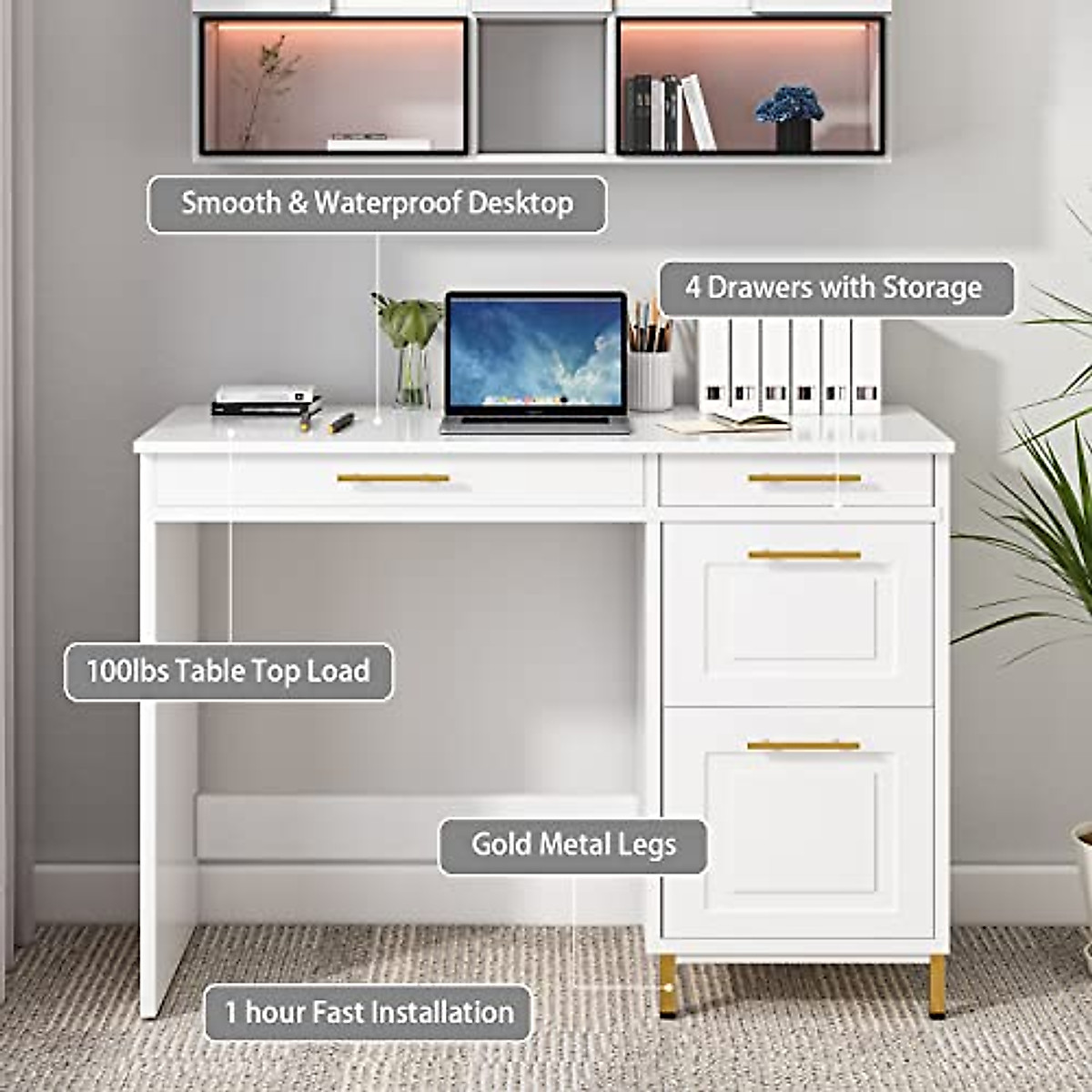HOMBCK White Desk with Drawers, Modern White and Gold Desk with Drawers, Home Office Desk Small Computer Desk for Bedroom, Vanity Desk with 4 Drawers & Spacious Desktop, White/Gold