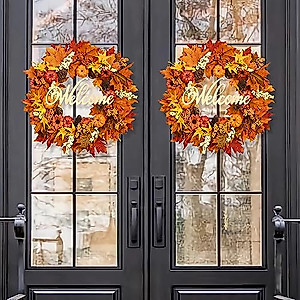 Waipfaru Fall Wreaths for Front Door, 20'' Autumn Fall Wreath with Lights and Welcome Sign, Fall Leaf Outdoor Wreath for Thanksgiving Farmhouse Front Porch Patio Decor