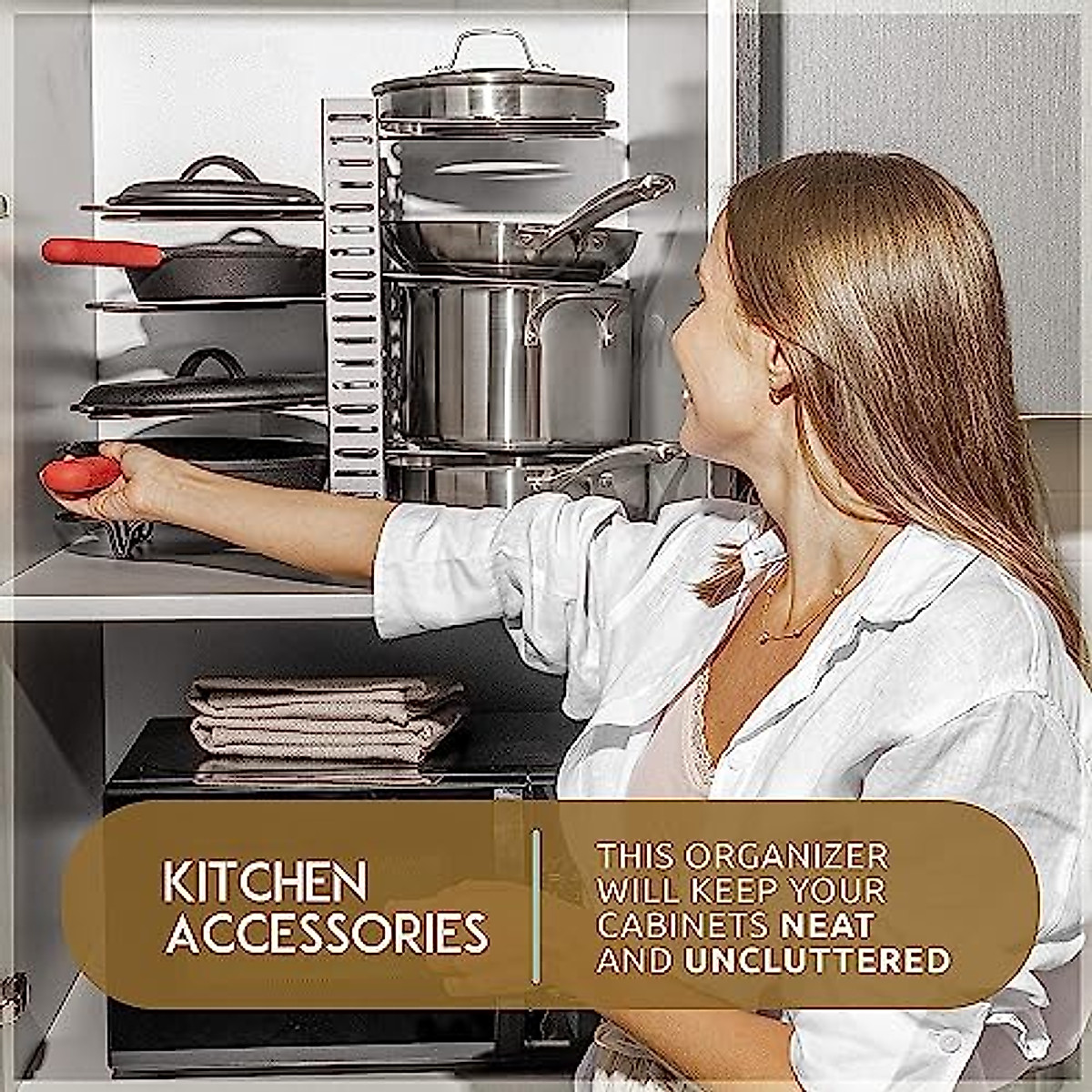 GeekDigg Pot Rack Organizer, Adjustable Height and Position Pots and Pan Rack, Kitchen Counter and Cabinet Pan Organizer Shelf Rack/Pot Lid Holder with 3 DIY Methods - Silver