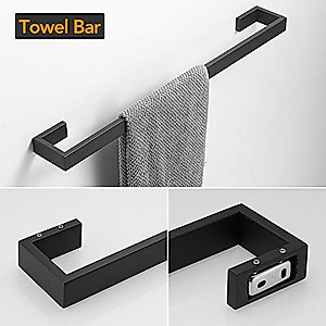 BESy 4 Piece Bathroom Accessories Set (23.6'' Towel Bar, Hand Towel Holder Towel Rack, Toilet Paper Holder, Double Towel Hooks), Wall Mounted Bath Hardware Fixtures Set, Stainless Steel/Matte Black