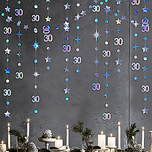 Iridescent 30th Birthday Decorations Number 30 Circle Dot Twinkle Star Garland Metallic Hanging Streamer Bunting Banner Backdrop for Her Dirty 30 Year Old Birthday Thirty Anniversary Party Supplies
