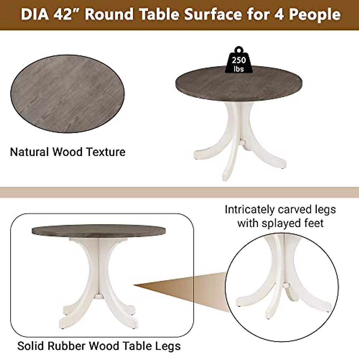 LIADTOP Modern, Mid-Century Solid Wood 5-Piece Set, 42'' Round Dining Table with 4 Upholstered Chairs for Small Places,Brown+Gray