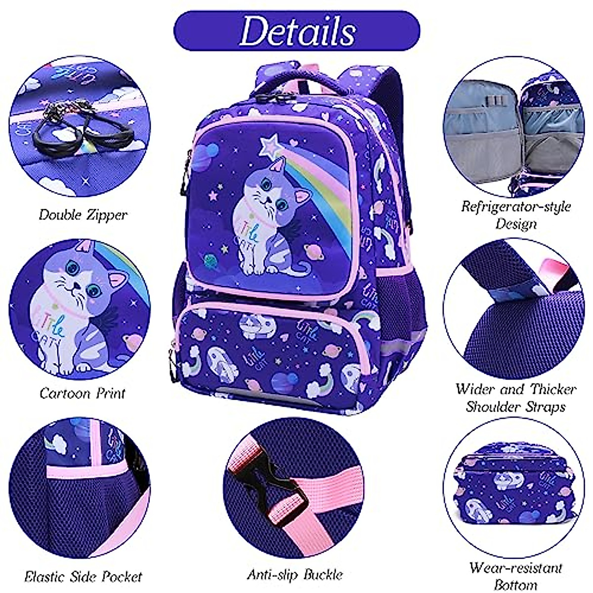 Moonmo Backpack for kids Backpack for Elementary Students, Waterproof Large Capacity School Bag Light Weight Backpack Primary School Backpack for girls (Purple cat)