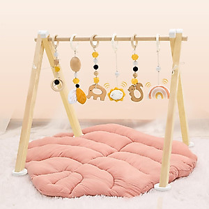 Frogprin Wooden Baby Gym with 6 Hanging Toys, Foldable Wooden Play Gym for Babies 0-12 Month, Baby Play Gym Frame Activity Gym Hanging Bar Newborn Gift Baby Girl and Boy Gym (Natural Pine Wood)
