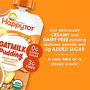 Happy Tot Organics Oatmilk Pudding, Dairy-Free, Stage 4 Toddler Snack, Oatmilk, Bananas & Sweet Potatoes, 4 Ounce Pouch, Pack of 16