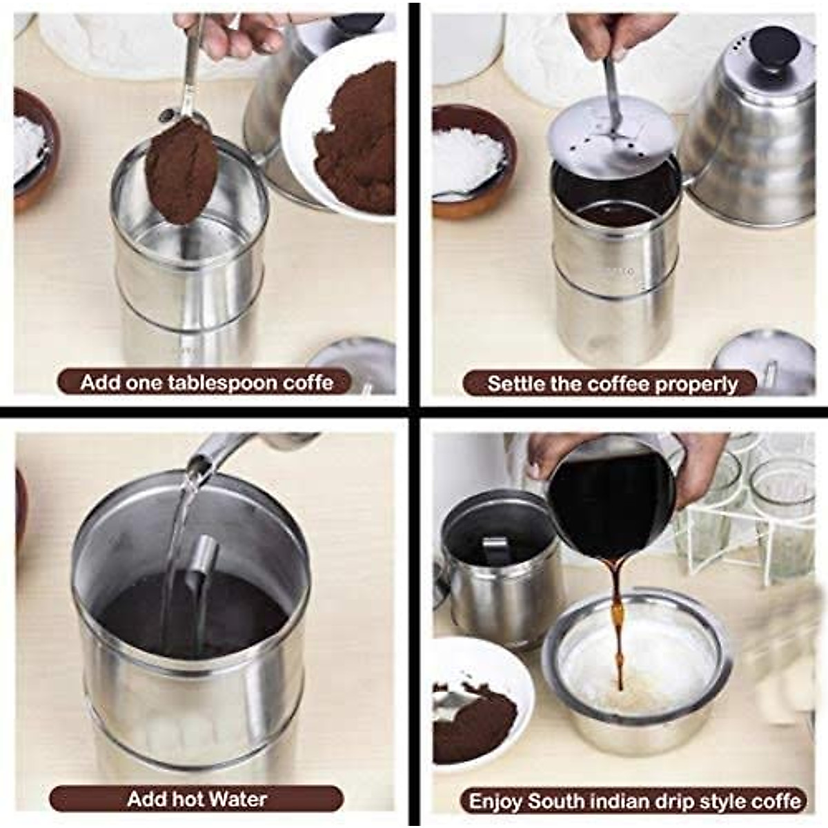 KERAM south indian drip coffee maker 4/5 cup 10.14 Oz(300 ml) permanent/reusable phin filter small/mini-metal SS 304 for camping manual dripper makers