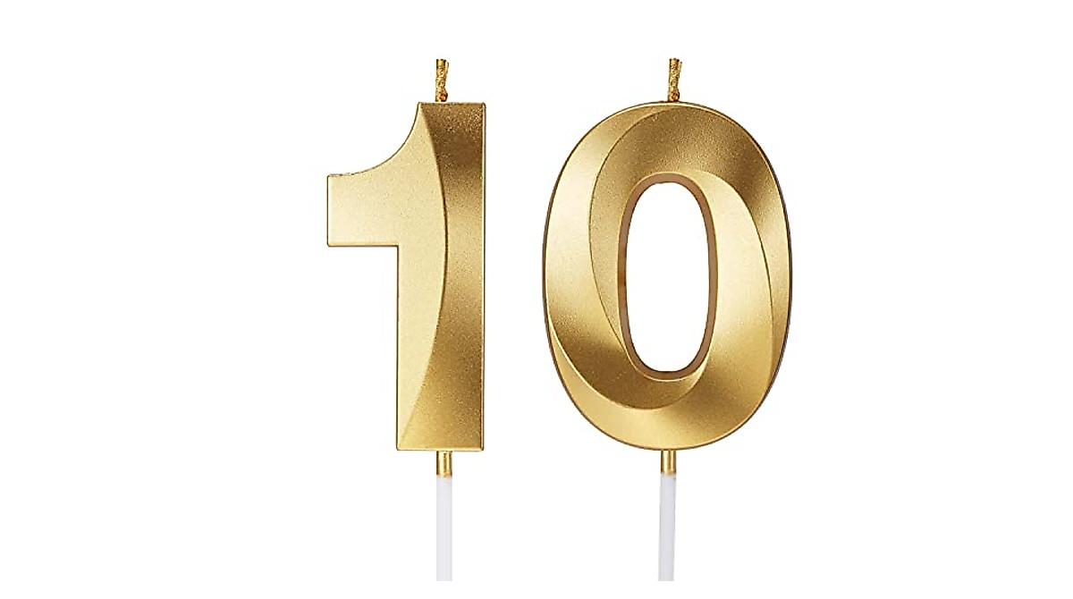 Gold Number 10 Candles for Birthdays & Anniversaries