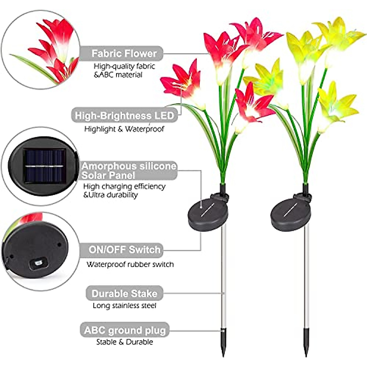 Tasodin Solar Garden Lights 2 Pack Solar Outdoor Lights with 8 Lily Flower, Solar Lights Powered Waterproof for Christmas, Yard, Garden, Patio, Pathway Decor(Yellow and Red)