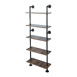 HEONITURE 5 Shelf Industrial Pipe Shelving, Black Modern Bookcase Bookshelf, Wall Mount Ladder Shelf with Metal Frame Display Selves