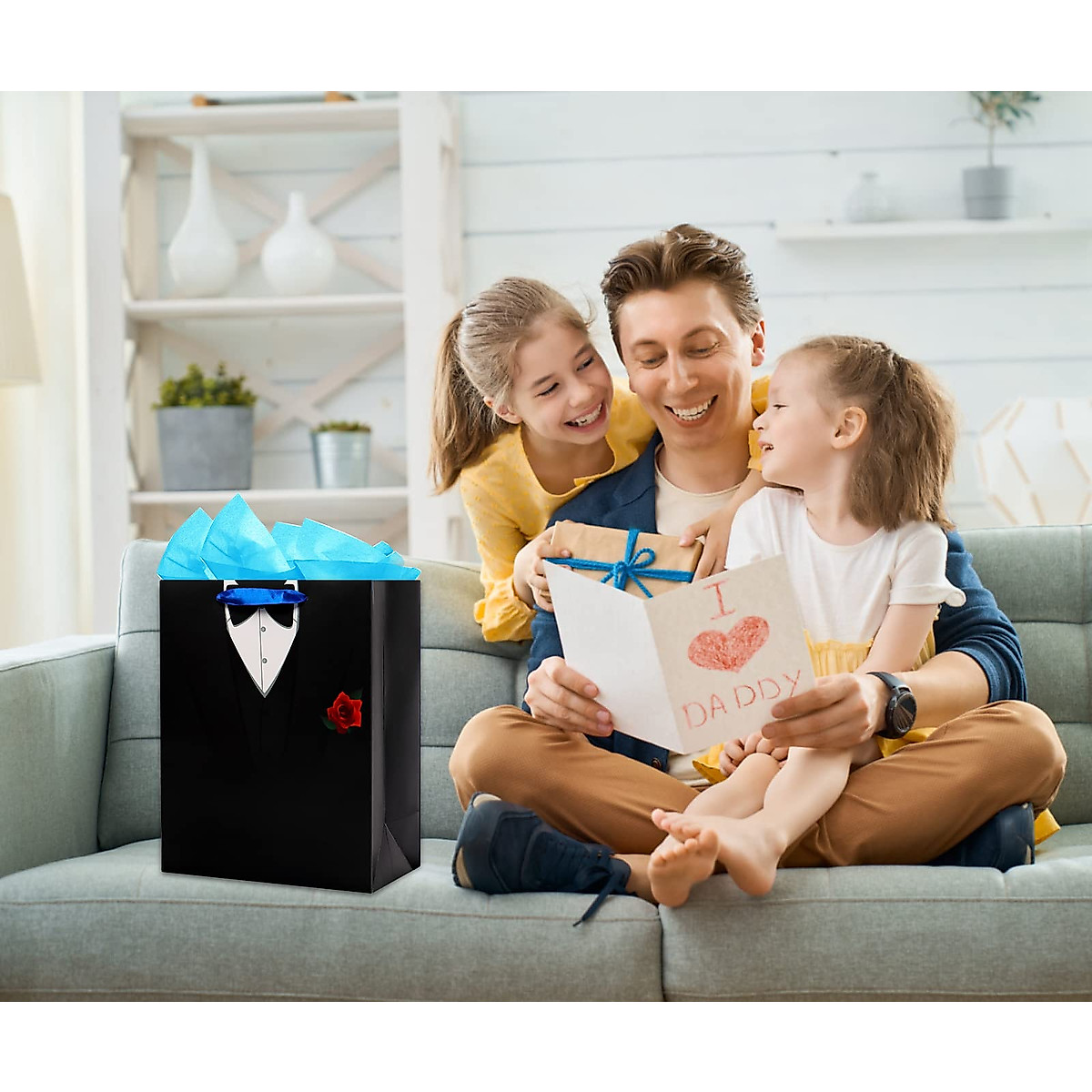 FLYAB Fathers Day Gift Bag with Handle 11.5" Large Fathers Day Gift Bag with Tissue Paper Groomsmen Tuxedo Wedding Gift Bags for Men Birthday Wedding Bridal Showert Bags Party Favor