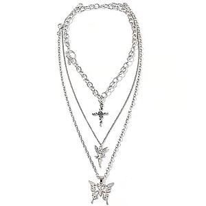 YERTTER Dainty Punk Layering Chunky Chain Choker Toggle Necklace Boho Jewelry Set Layered Butterfly Cross Angel Pendant Statement Necklace Festival Statement Necklace for Women Man
