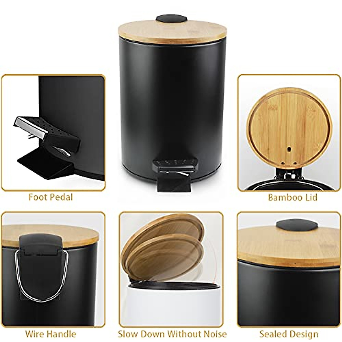 Aupekro Round Metal Trash Can with Bamboo lid and Pedal 5 Liter Garbage Container Bin with Removable Inner Wastebasket for Bathroom, Bedroom, Kitchen, Office (Black)