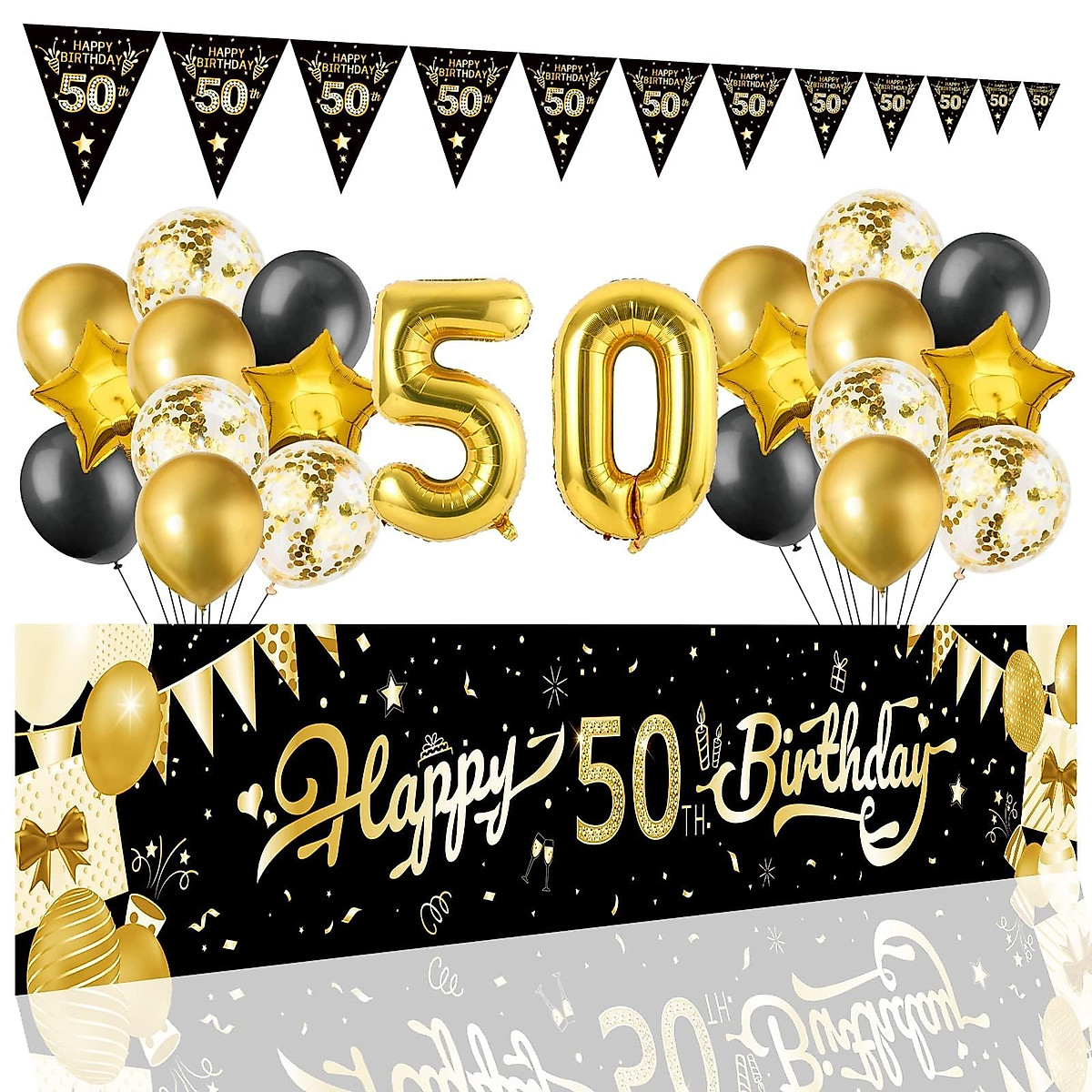 Large 9.8X1.6ft Happy 50th Birthday Decoration Banner, Black and Gold Happy Birthday Party Decoration Set Anniversary Celebration Backdrop 50th Birthday Foil Latex Balloons for Men and Women