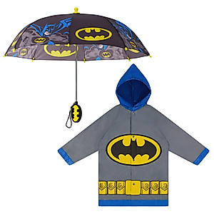 DC Comics Boys Umbrella And Poncho Raincoat Set, Batman Boys Rain Wear For Toddler Ages 2-4 Or Kids Ages 4-7