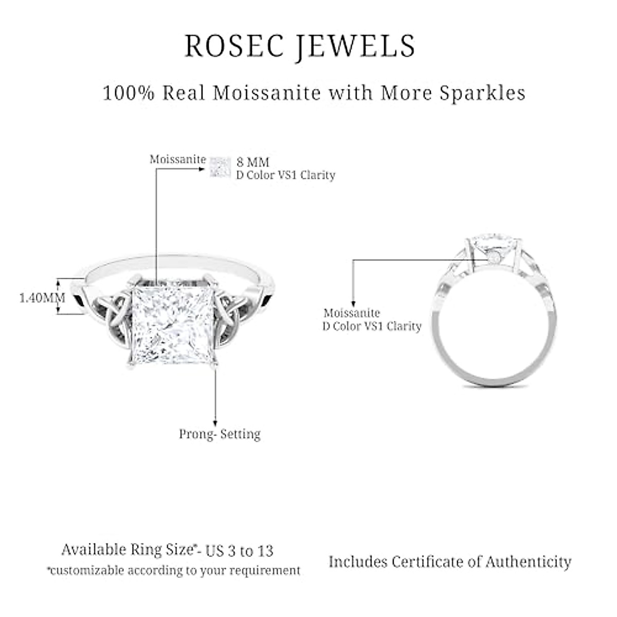 Certified Moissanite 8 MM Princess Cut Engagement Ring, D-VS1 Quality, Moissanite Celtic Knot Ring (Ready To Gift Jewelry Box), 14K White Gold, Size:US 6.00