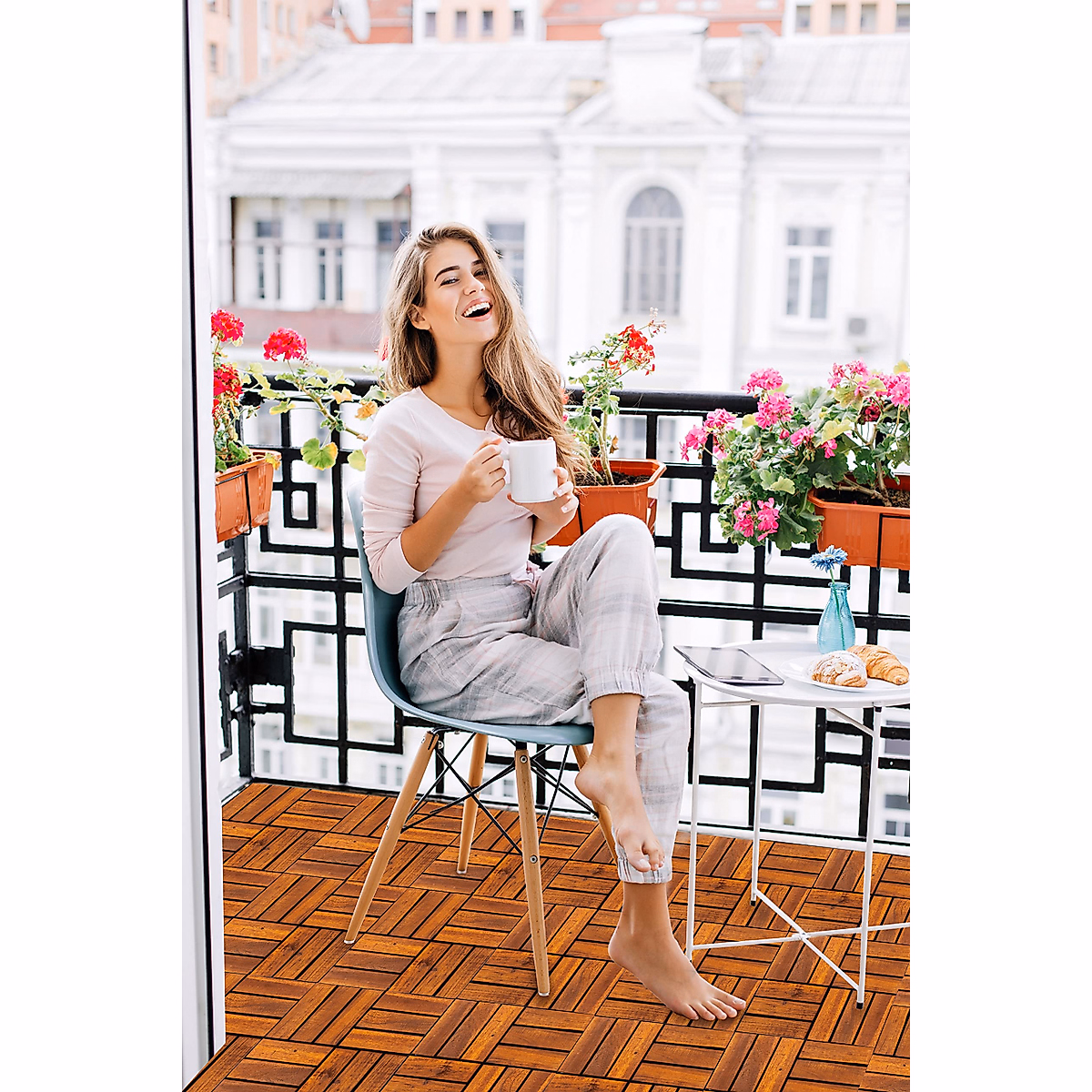 YAMAZING 12'x12' Solid Wood Interlocking Flooring - Acacia Hardwood Deck Tiles (Pack of 9), Indoor & Outdoor Use, Waterproof All Weather (9 Sq Ft)