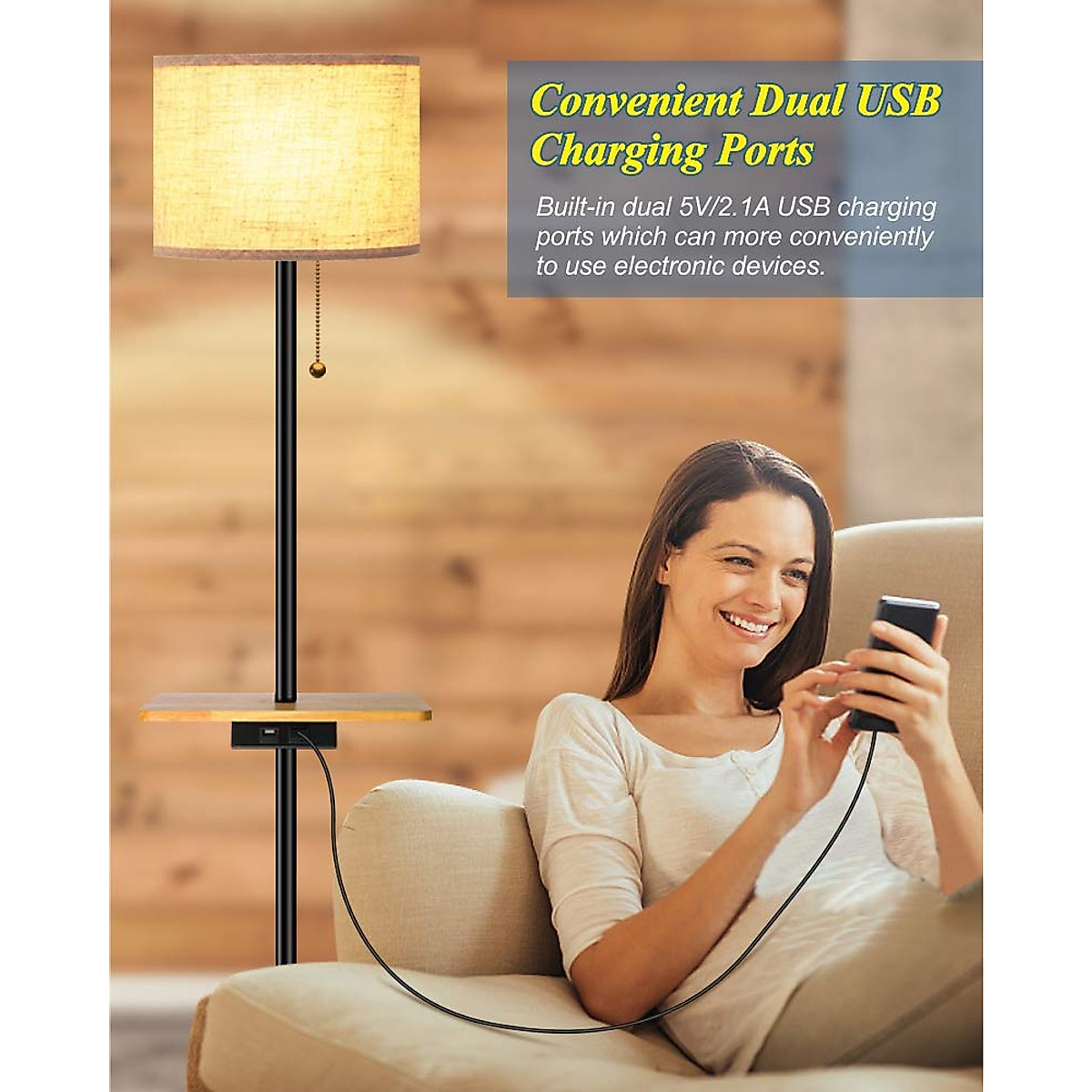 lifeholder Floor Lamp, Modern Floor Lamp with Dual USB Ports & Rectangle Tray Table, LED Floor Lamp with Line Fabric Shade & Pull Chain, Idea for Bedroom, Living Room or Office