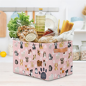 Storage Baskets with Handles, Cute Dogs Pink Storage Cube Rectangular Fabric Collapsible Toy Storage Bin Organizer for Closet Shelf Laundry Nursery Kids Bedroom, 15x11x9.5 In