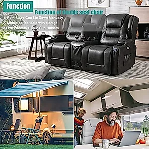 SAMERY Electric Home Theater Seating- Power Recline Chair Loveseat RV Sofa with Console, 67" Double Recliner 2-Seater RV Couch with Storage/USB Charging/Lighting/Cup Holders for Living Room
