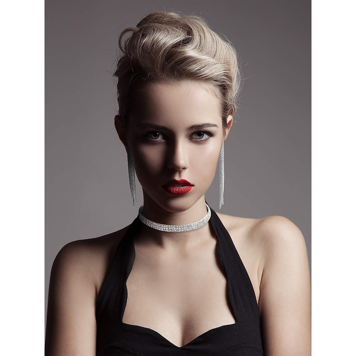 Women Rhinestone Stretch Bracelet Bangle Crystal Rhinestone Necklace Ring Dangle Fringe Earrings (Silver)