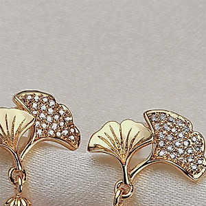 Sonateomber Gold Ginkgo Leaf Pearl Drop Dangle Earrings for Women Cute Freshwater Pearl Teardrop Dangling Hypoallergenic Stud Prom Wedding Bridal Jewelry Gifts