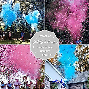Gender Reveal Confetti Powder Cannon - 2 Blue & 2 Pink Poppers - Gender Reveal Party Supplies - Smoke Powder & Confetti Sticks Cannons - Gender Reveal Stickers 40pcs (20 Girl 20 Boy)