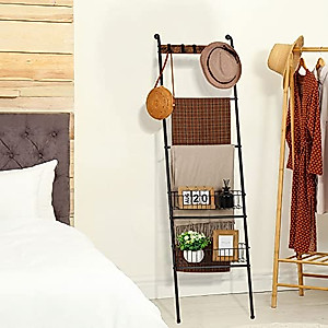 Blanket Ladder Wall-Leaning Blanket Ladder Rack Holder with Removable Hooks and Storage Mesh Baskets Metal Decorative Towel Ladder Shelf for The Living Room Outdoor Pool Black 5 Layer