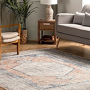 nuLOOM 5x8 Machine Washable Rain Haven Vintage Medallion Area Rug, Peach, Traditional Faded Design, Non-Slip Backing, Stain Resistant, For Bedroom, Dining Room, Living Room, Kitchen
