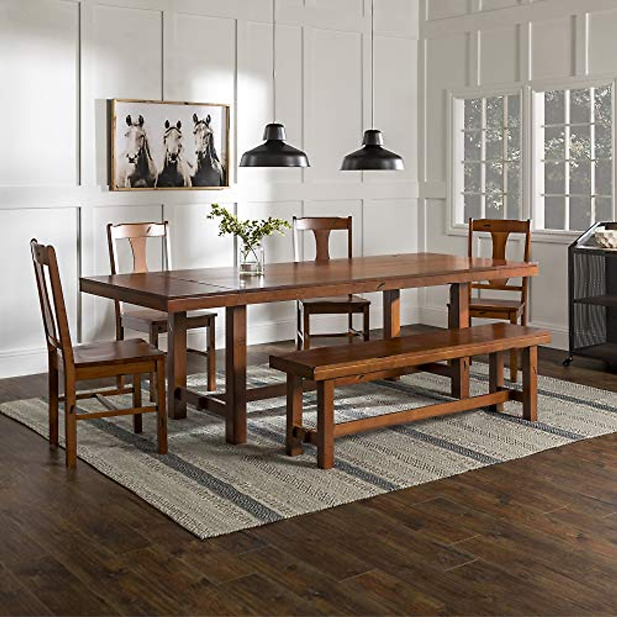 Walker Edison Rustic Farmhouse Rectangle Wood Dining Room Table Set with Leaf Extension, Brown Oak