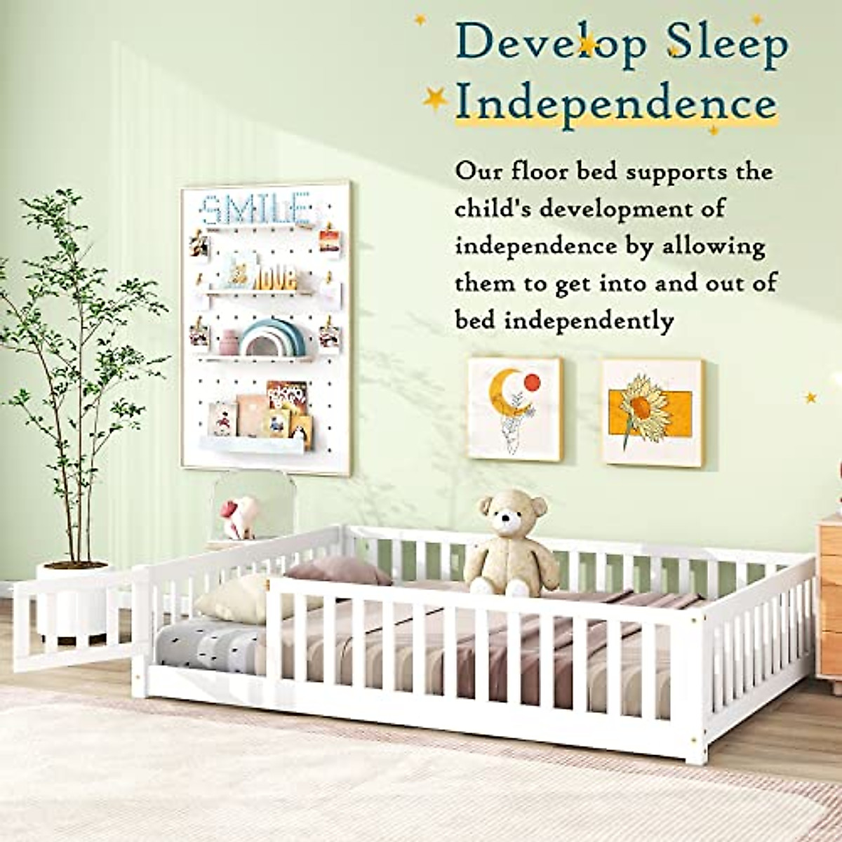 Tatub Full Size Floor Bed with Safety Guardrails, Door and Slats, Montessori Floor Bed Frame, Wood Montessori Floor Bed for Kids, Girls and Boys, Full-White