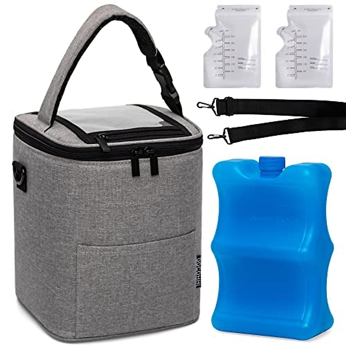 Breast Milk Cooler Bag with Ice Pack Reusable Storage Bags, Fit 4 Baby Bottles, Insulated Baby Bottle Cooler Bag Suitable for Nursing Mom Daycare, Waterproof with Zipper Pocket, Grey