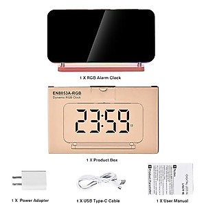 Poeroa RGB Digital Alarm Clock,7.4 in LED Desk Clock with Night Light,USB C Charger Port,Auto Dimming,Acrylic Mirror Clock for Teens Girl Adults Bedroom Decor - Pink
