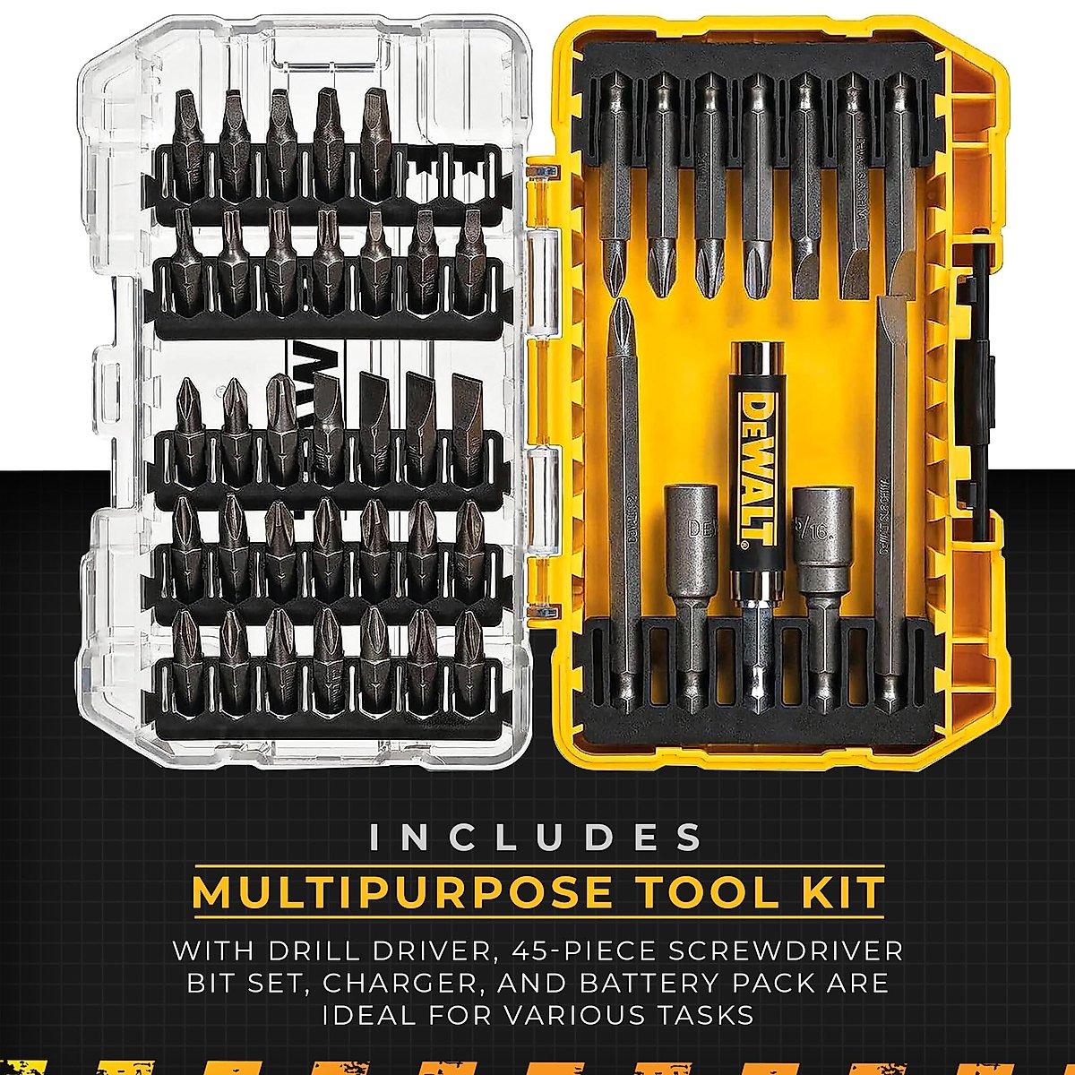 DeWalt 12V MAX 2 Tool Cordless Driver and Drill Hand Tool Set Combo Kit with Drill Bit Set, 45 Piece Screwdriver Set, and Battery Power Pack