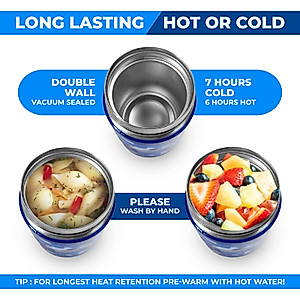 Thermos for Hot Food, Kids Lunch Insulated Stainless Steel Wide Mouth Jar, Boys Soup Container, Toddlers Day Care Pre-School, Leakproof Easy Grip Thermal Vacuum Seal 10 oz 300 ML Blue Orange Dinosaur
