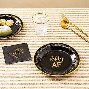 Crisky 'Fifty AF' 50th Birthday Black Gold Theme Plate, 50 Pack, 9" Paper Plates, Durable, Food Grade, BPA-Free, Biodegradable, Not Microwaveable