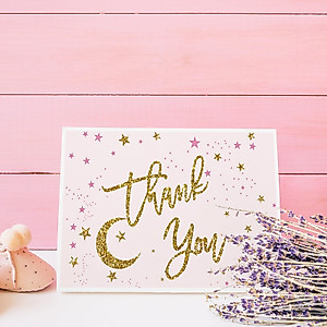Whaline 36 Pack Pink Baby Shower Thank You Cards with Envelopes Matching Seal Stickers Glitter Starry Twinkle Moon Blank Note Cards for Birthday Supplies