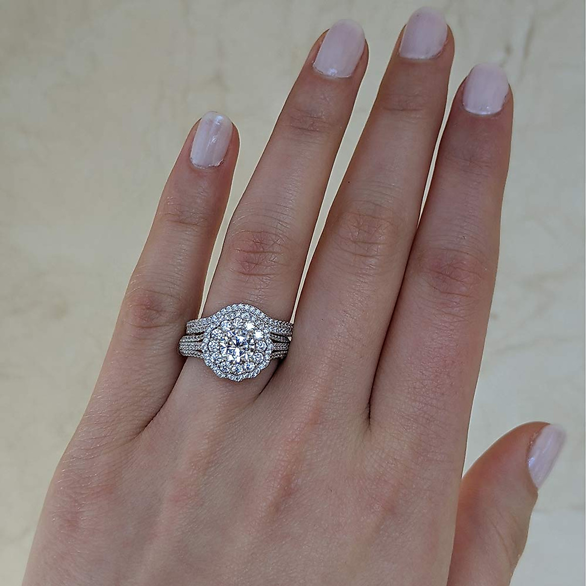 TwoBirch 18k White Gold Microplated Floral Design Duo Bridal Ring Set Engagement Ring and Wedding Band with Cubic Zirconia (SET (2 RINGS), Size 8)